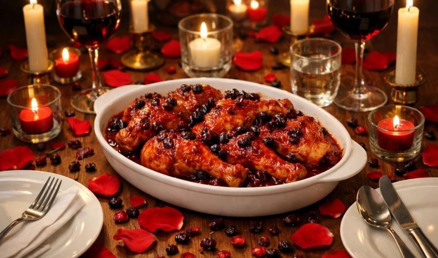 Pollo en salsa de guajillo con arándanos deshidratados